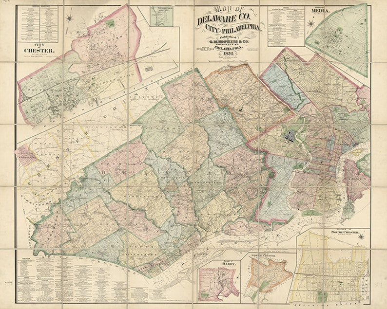Map of Delaware Co. and the City of Philadelphia, Pennsylvania, PA 1876 ...