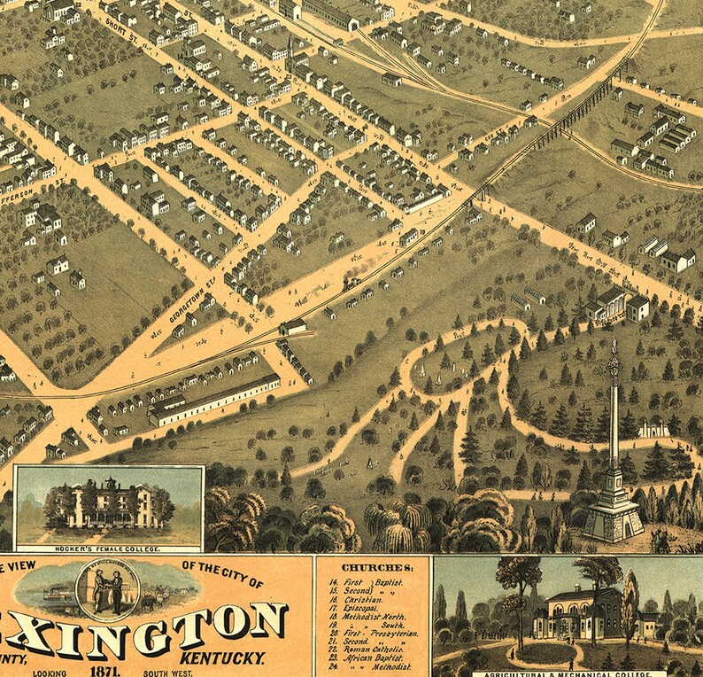 Map of Lexington, Fayette County, Kentucky 1871. Vintage Restoration ...