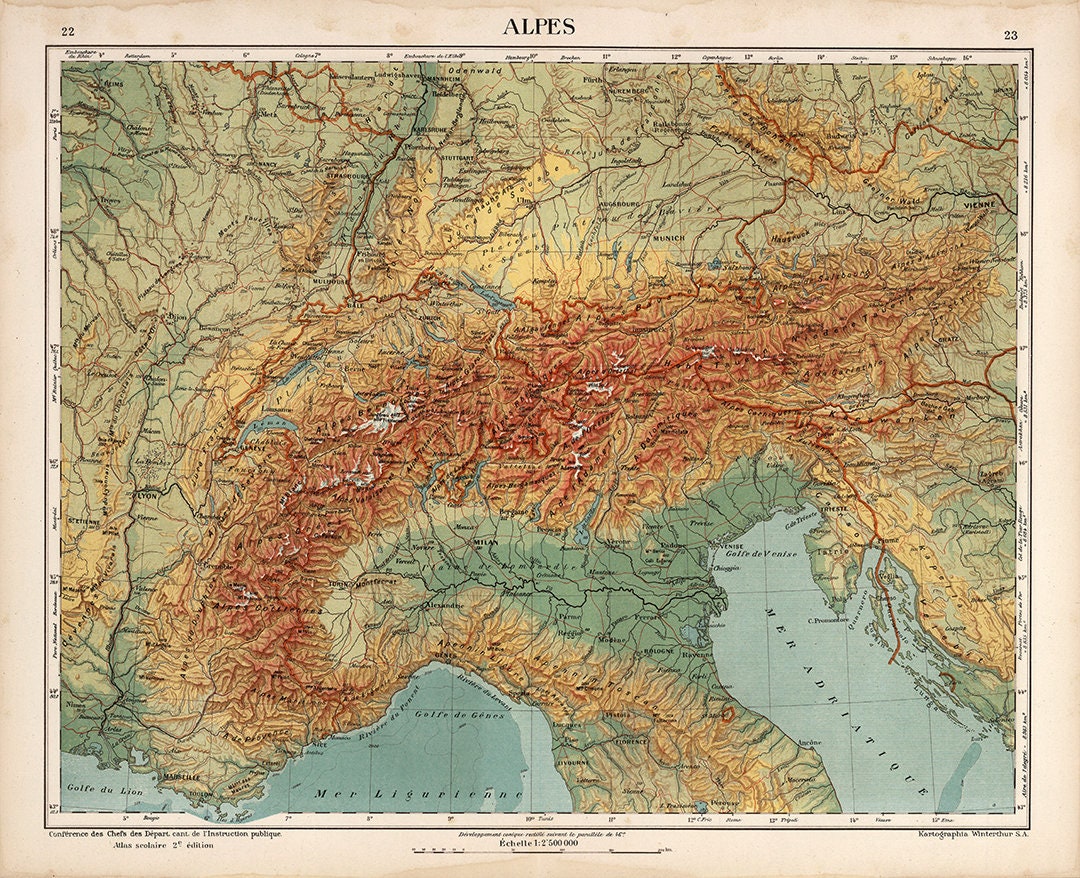 Map of Alps (alpes), 1921. Vintage Home Deco Old Wall Reproduction Map ...