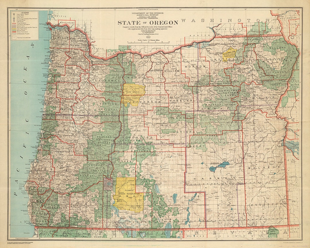 Map of State of Oregon 1922. Vintage Home Deco Style Old Wall ...