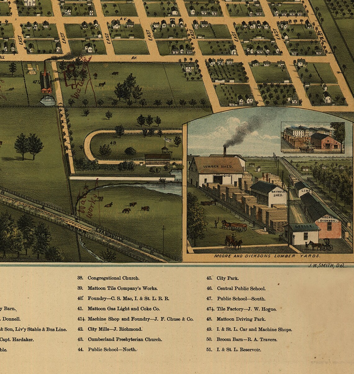 Map of Mattoon, Coles County, Illinois IL, 1884. Restoration Hardware ...