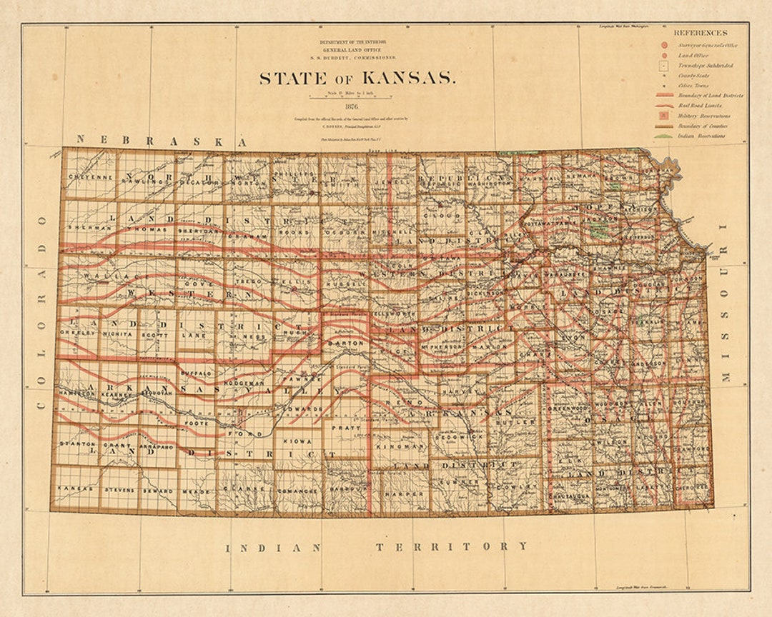 Map of Kansas State. 1876 Vintage Home Deco Style Old Wall Reproduction ...