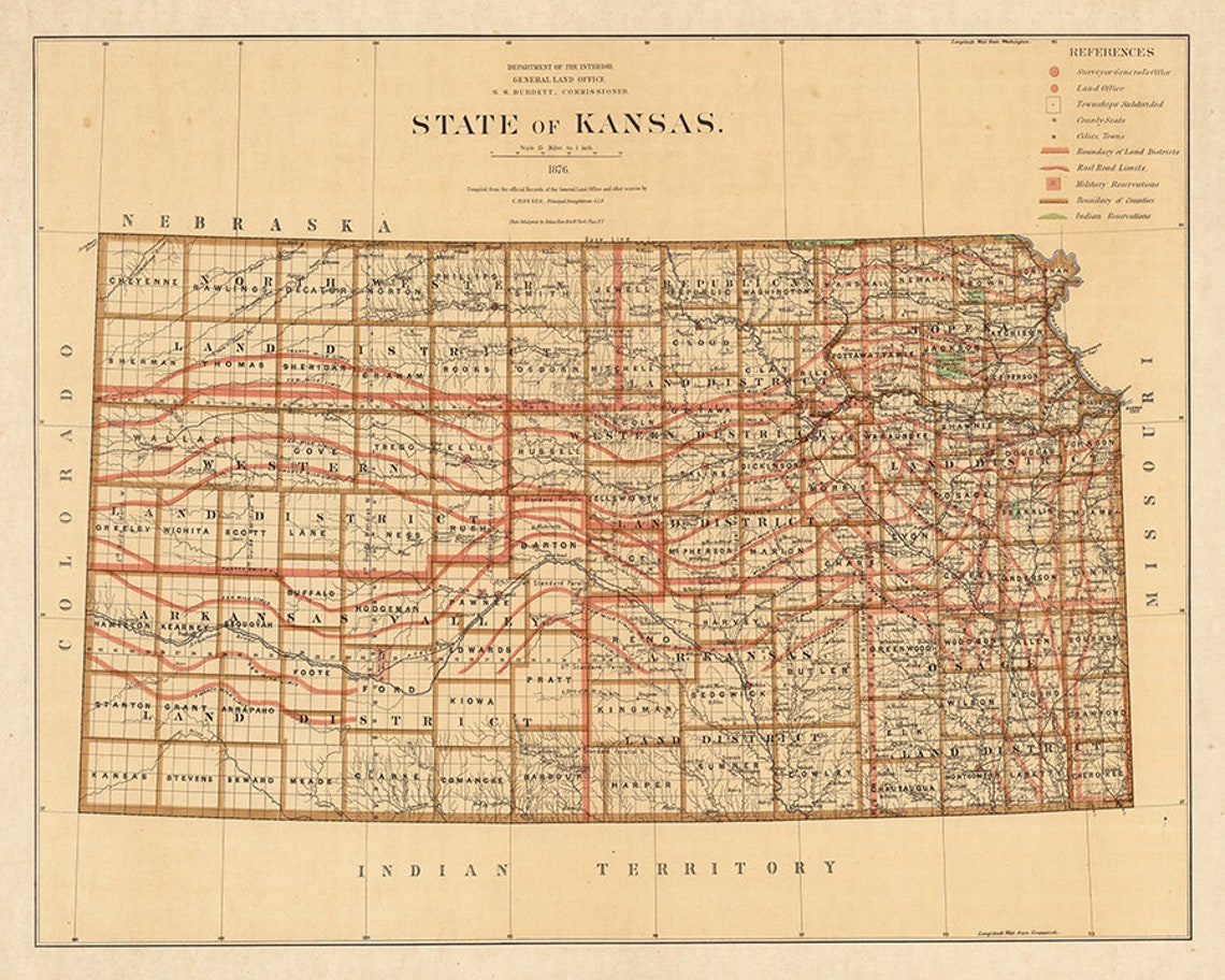 Map of Kansas State. 1876 Vintage Home Deco Style Old Wall | Etsy