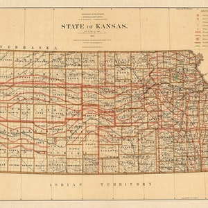 Map of Kansas State. 1876 Vintage Home Deco Style Old Wall Reproduction ...