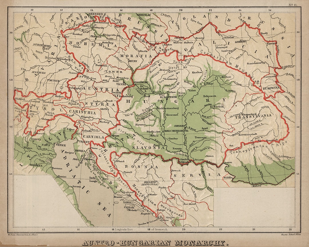 Map of Austro-hungarian Monarchy, 1880. Vintage Home Deco Style Old ...