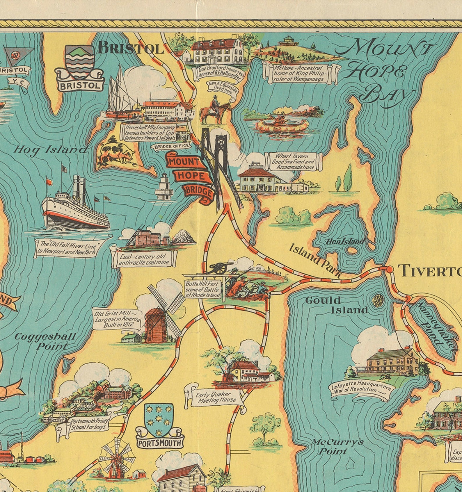 Map of Mount Hope Bridge, Bristol, Rhode Island R.I. Vintage ...