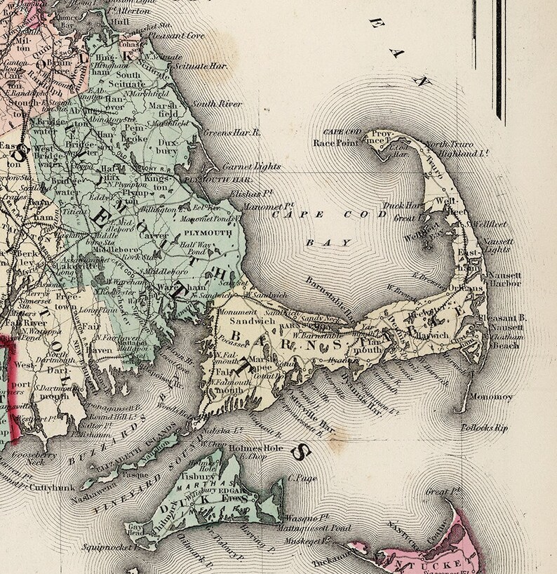 Map of Massachusetts and Rhode Island MA RI 1873 Vintage | Etsy