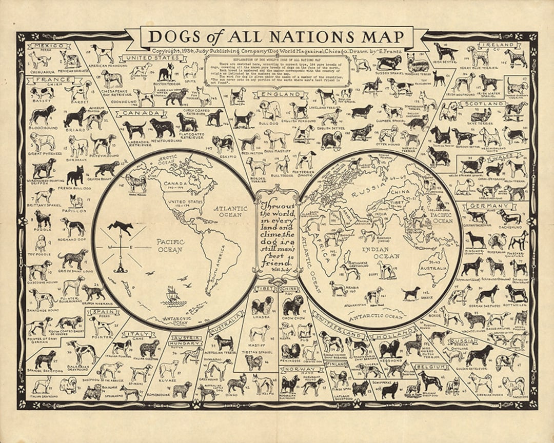 Dogs of All Nations Map. Vintage Home Style Old Wall Reproduction Map ...