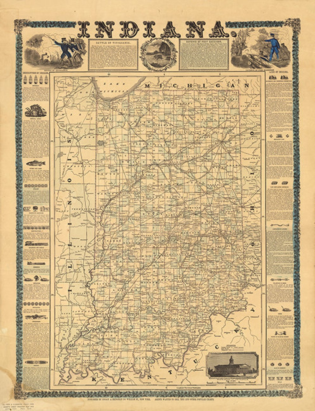 Map of Indiana State IN. 1853. Vintage Restoration Hardware Home Deco ...