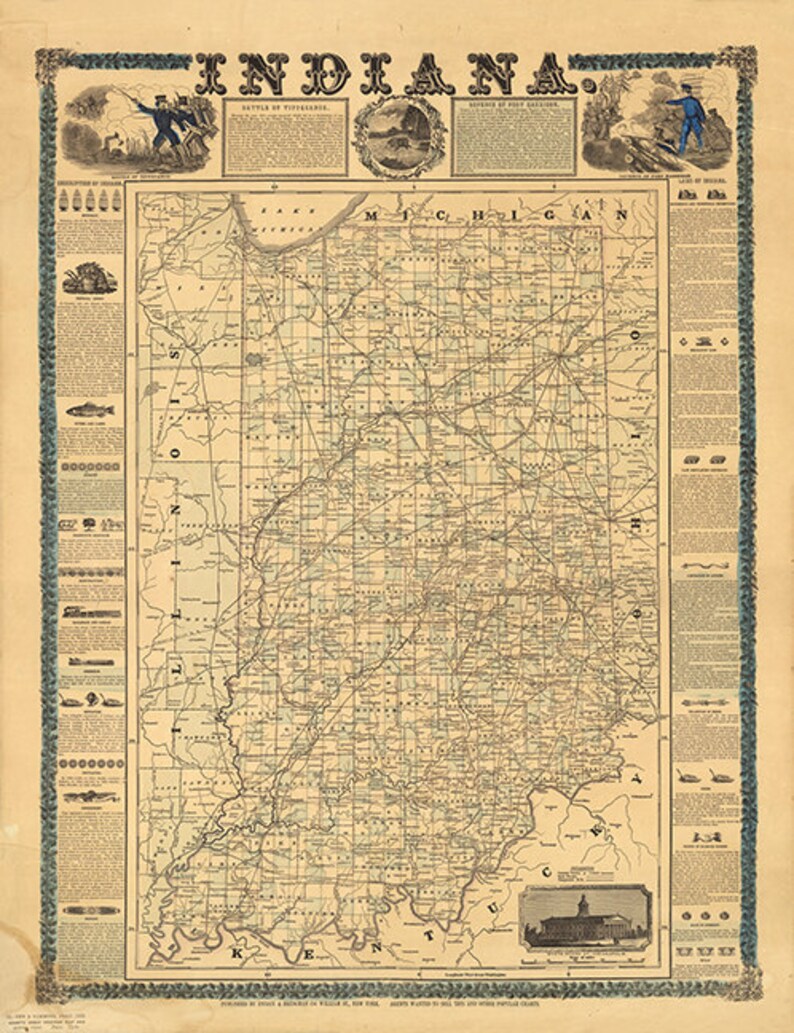 Map of Indiana State IN. 1853. Vintage Restoration Hardware - Etsy