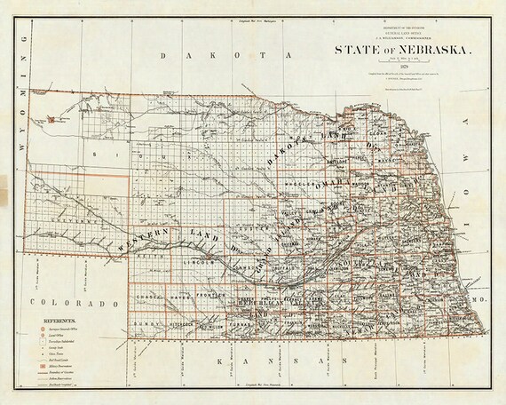 Map of State of Nebraska 1879. Vintage Home Deco Style Old - Etsy