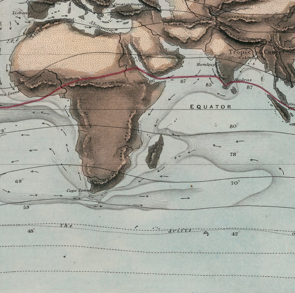 Physical map of the World 1849 Vintage home Deco Style old | Etsy