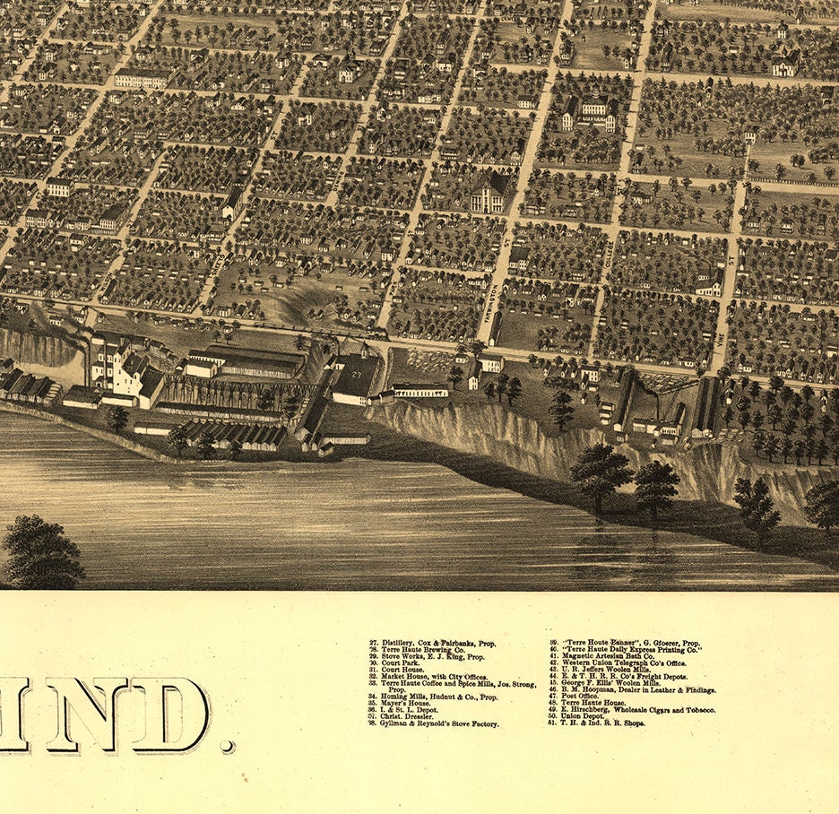 Map of Terre Haute Vigo Co. Indiana IN. 1880. Vintage | Etsy