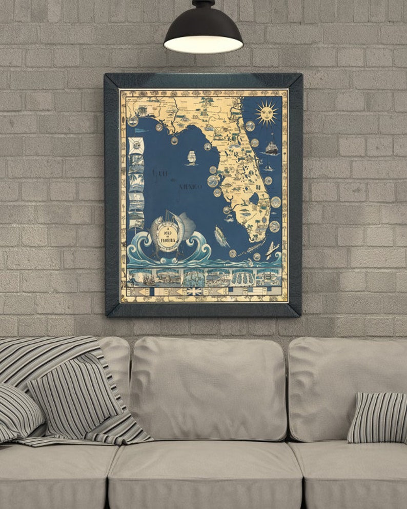 Pictorial Map of Florida FL. Home Deco Style Old Wall Vintage | Etsy