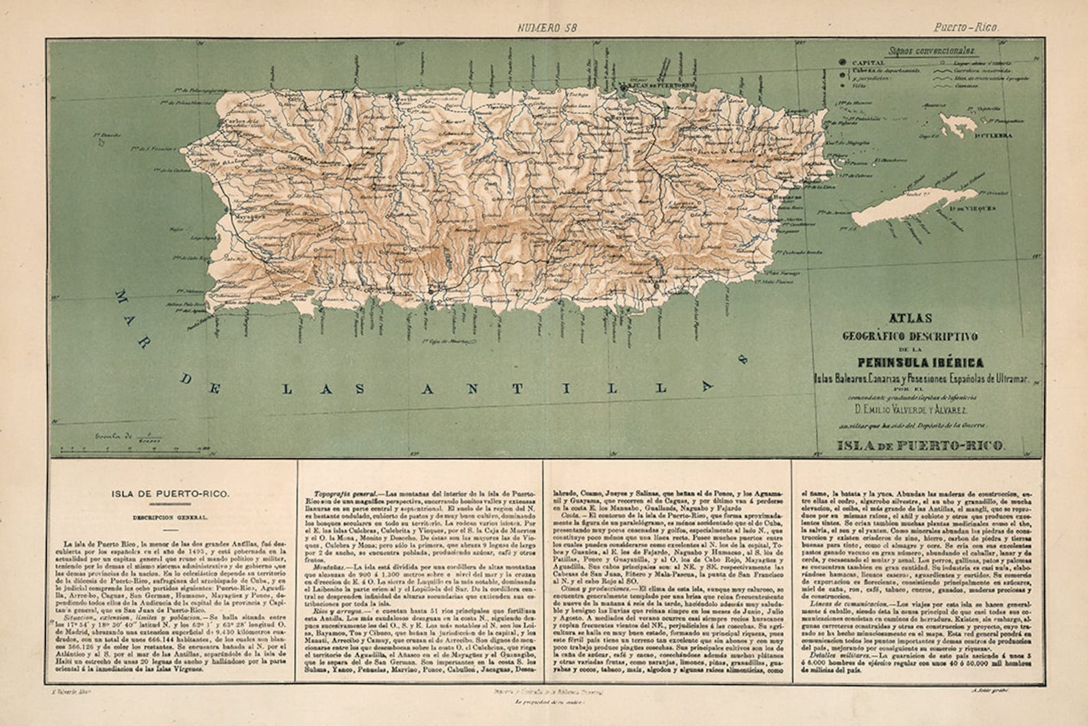 Map of the Puerto Rico 1880. Vintage Home Deco Style Old Wall ...