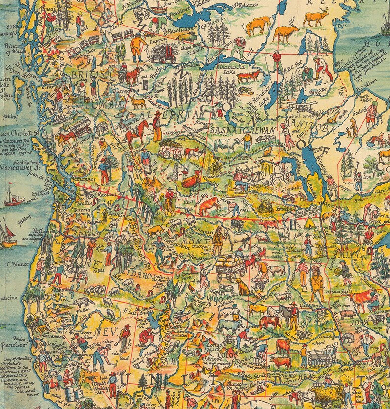 Mapa pictórico de América del Norte en 1930. Home Deco estilo - Etsy México