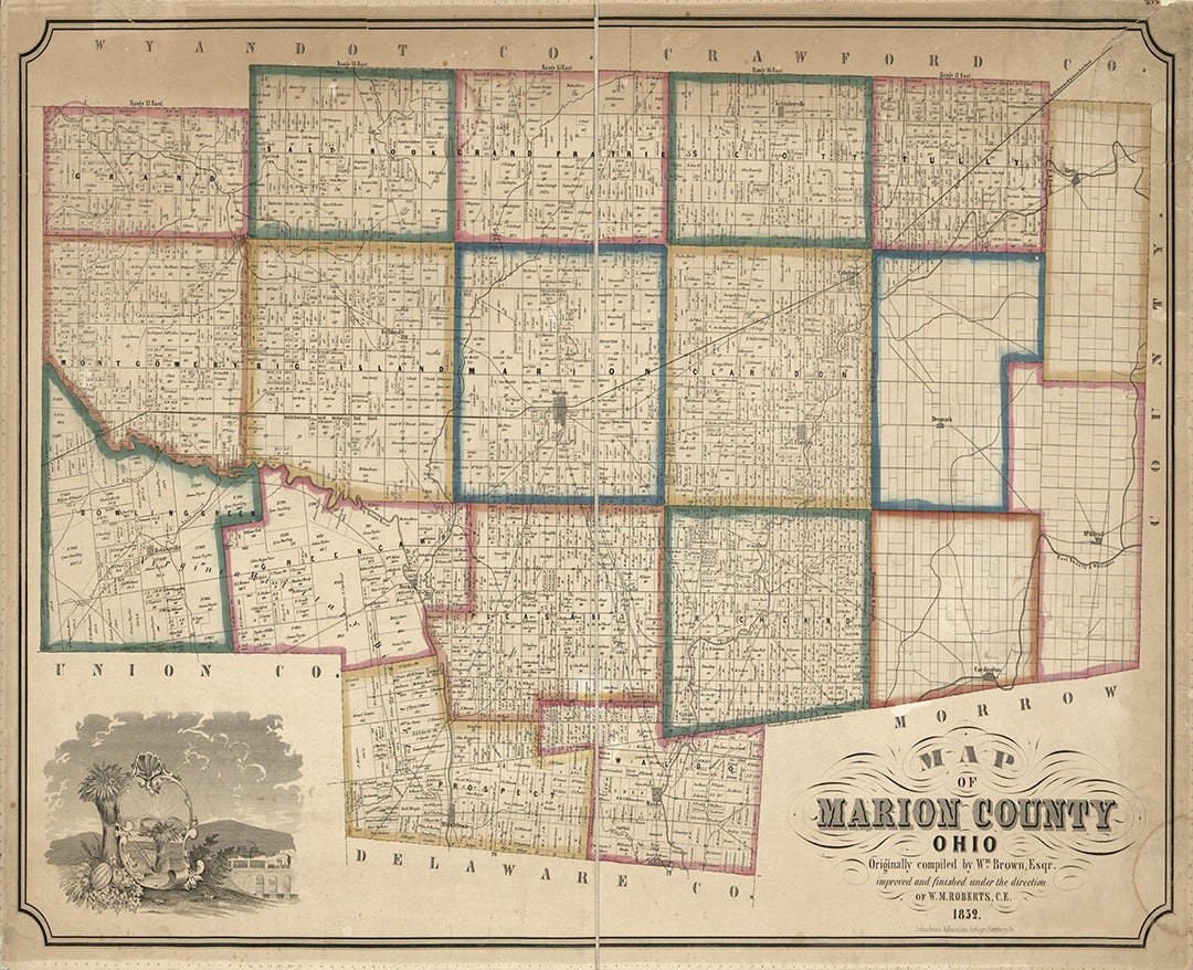 Map of Marion County, Ohio. 1852. Vintage Home Deco Style Old Wall ...