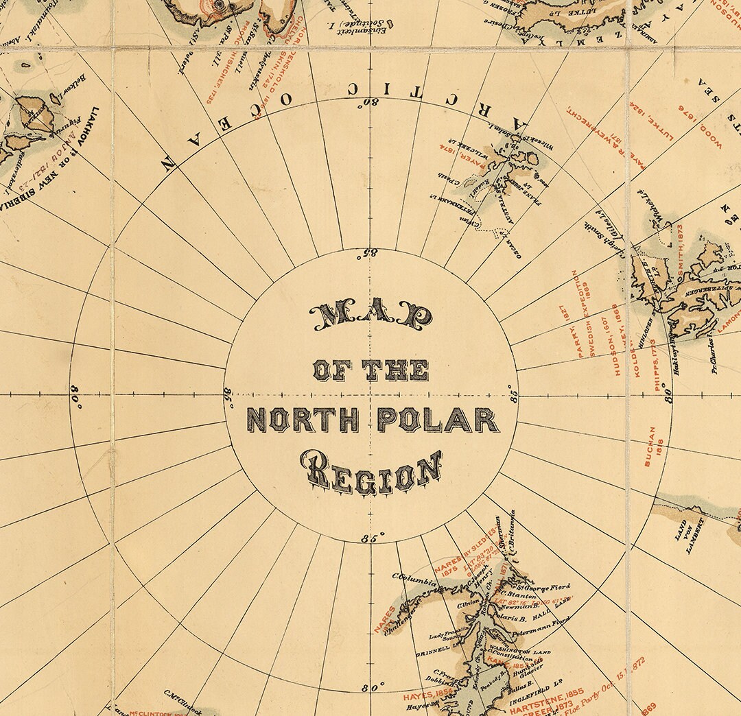 Map of North Polar 1880. Vintage Home Deco Wall Reproduction Map Print ...
