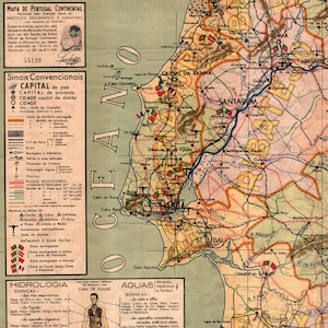 Map of Portugal, 1962. Vintage Home Deco Style Old Wall Reproduction ...