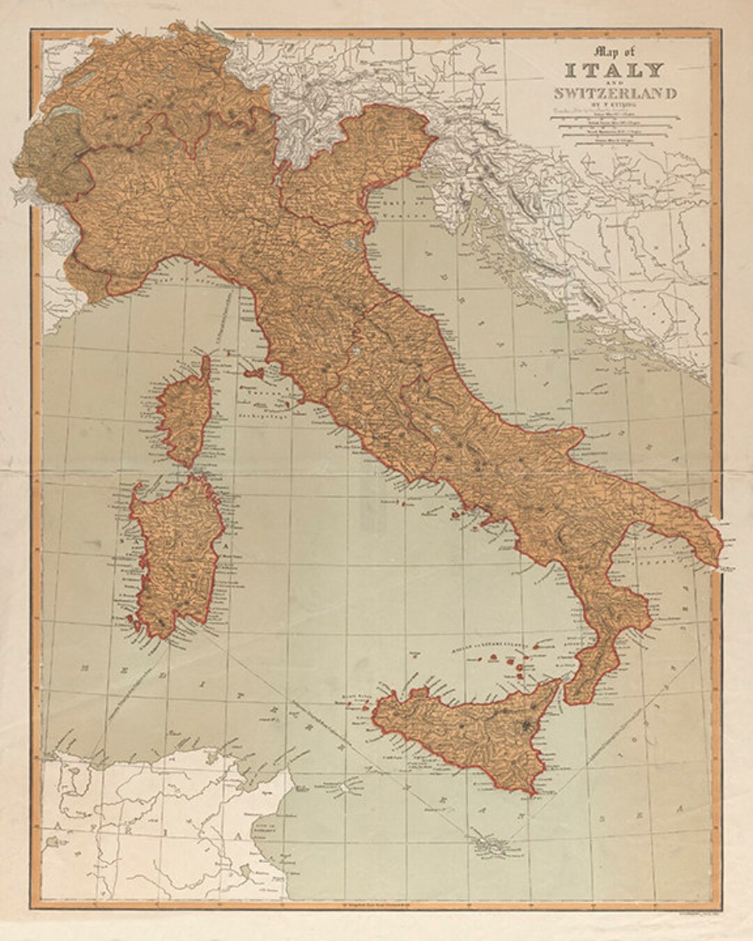 Map of Italy 1860. Vintage Restoration Hardware Home Deco Style Old ...