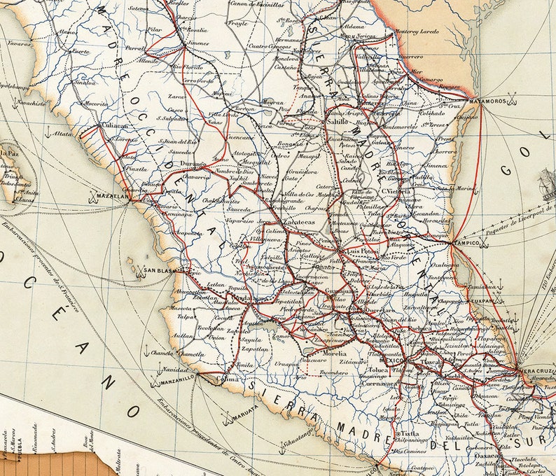 Transportaton System Map of Mexico 1885. Vias De Comunicacion - Etsy