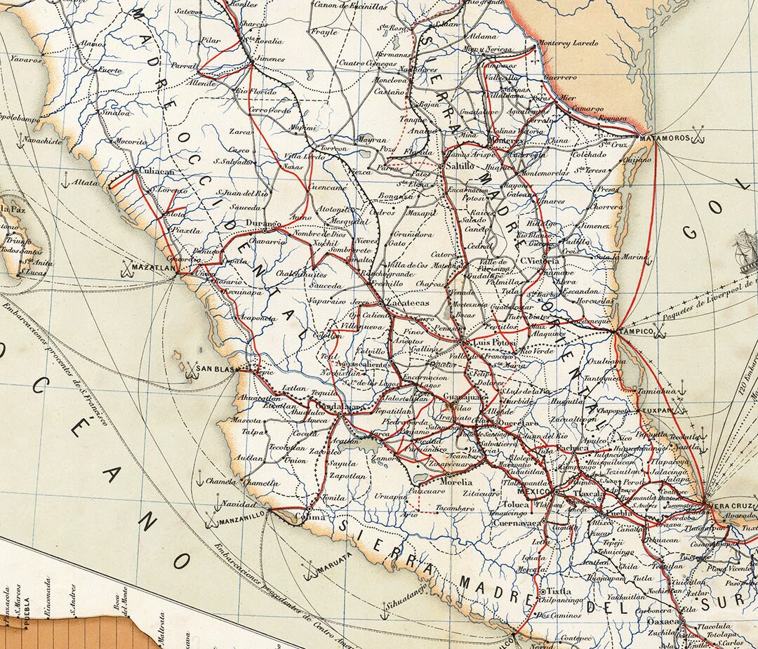 Transportaton System Map of Mexico 1885. Vias De Comunicacion - Etsy