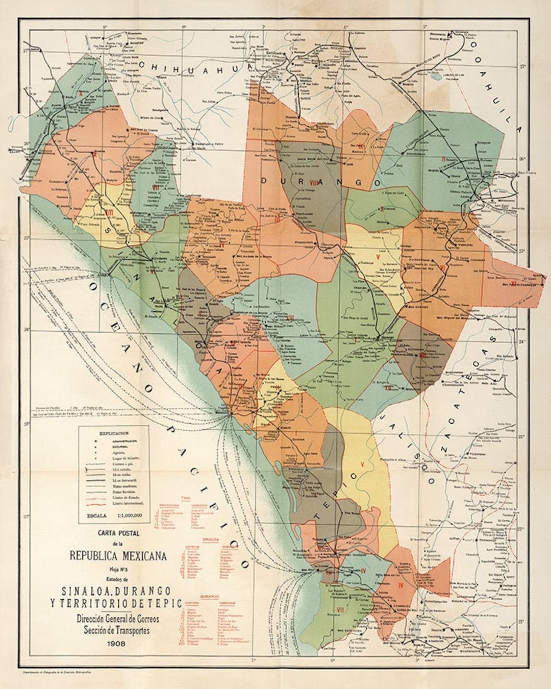 Map of Sinaloa, Durango, Y Territorio De Tepic. Mexico 1908. Vintage ...