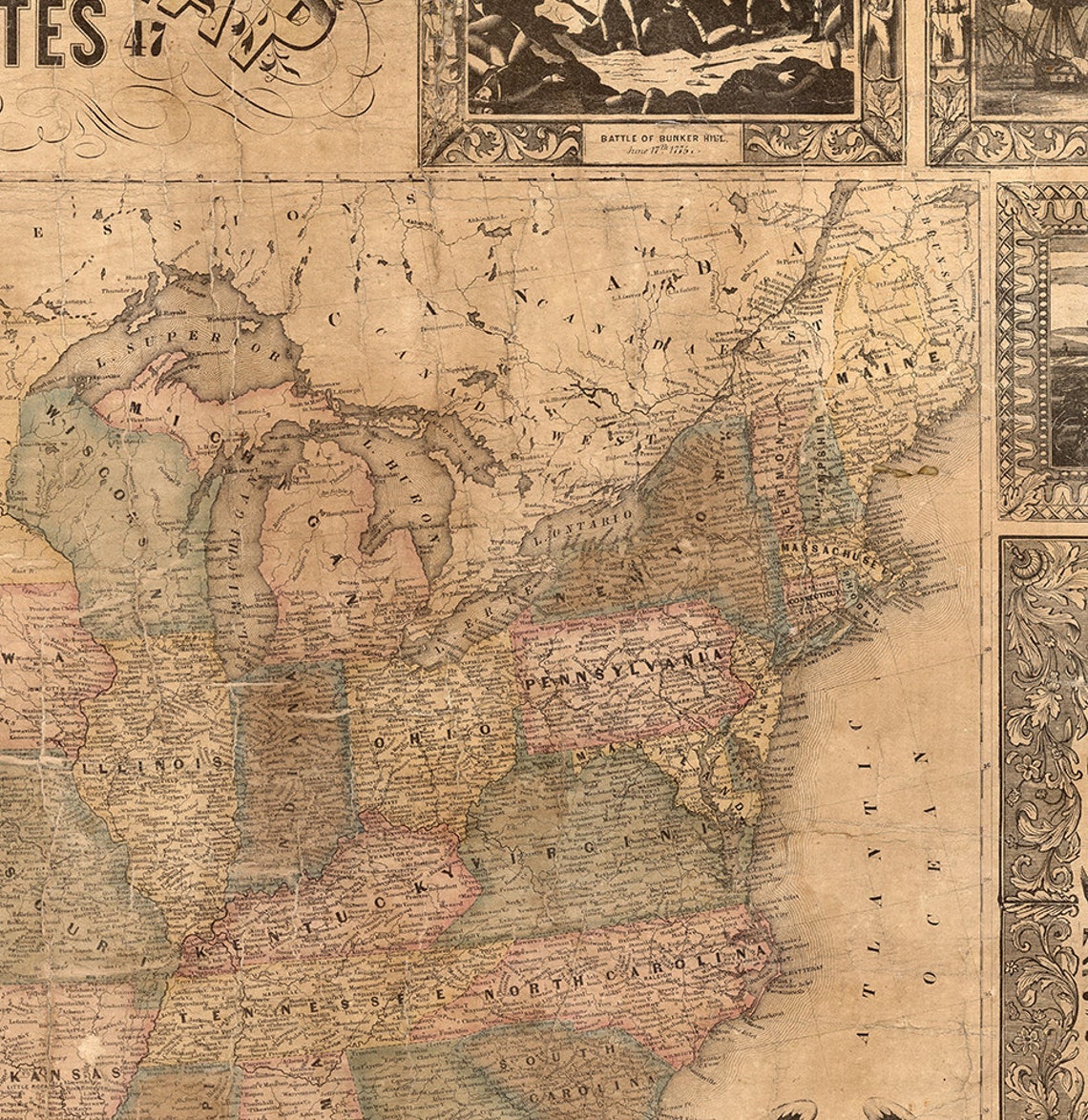 Pictorial Map of the United States 1847. Ensigns & Thayer. - Etsy