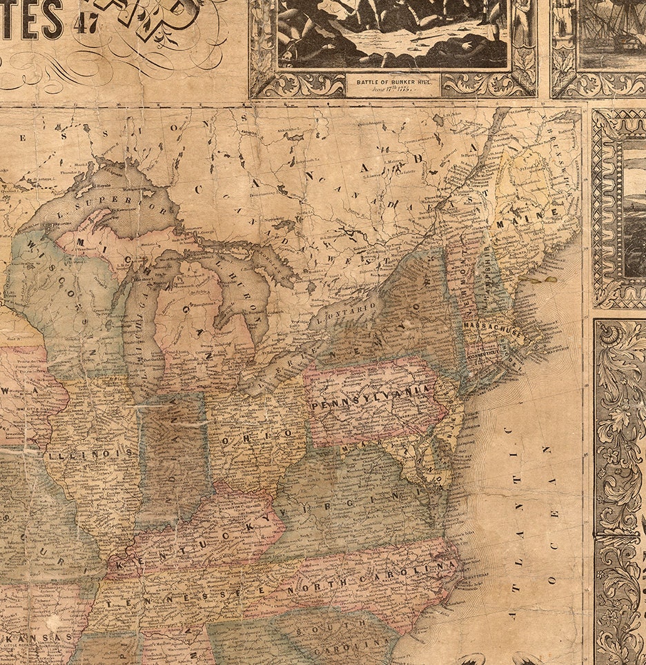 Pictorial Map of the United States 1847. Ensigns & Thayer. | Etsy