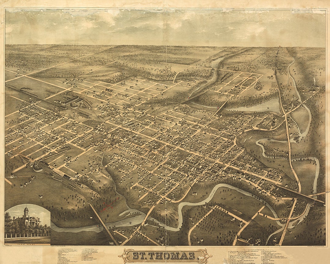 Map of St. Thomas, Ontario, Canada. 1896. Vintage Home Deco Style Old ...