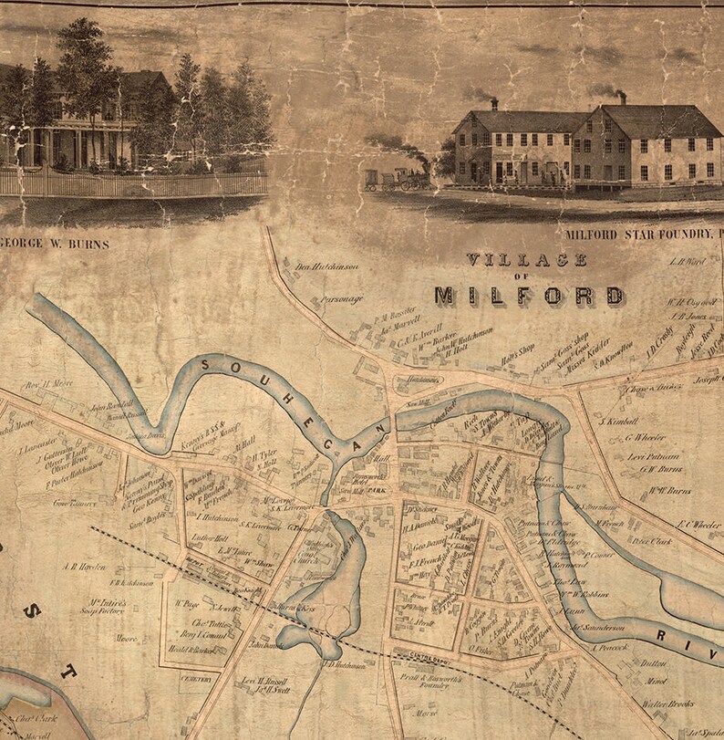 Map of Milford, Hillsborough County, New Hampshire NH 1854. Vintage ...