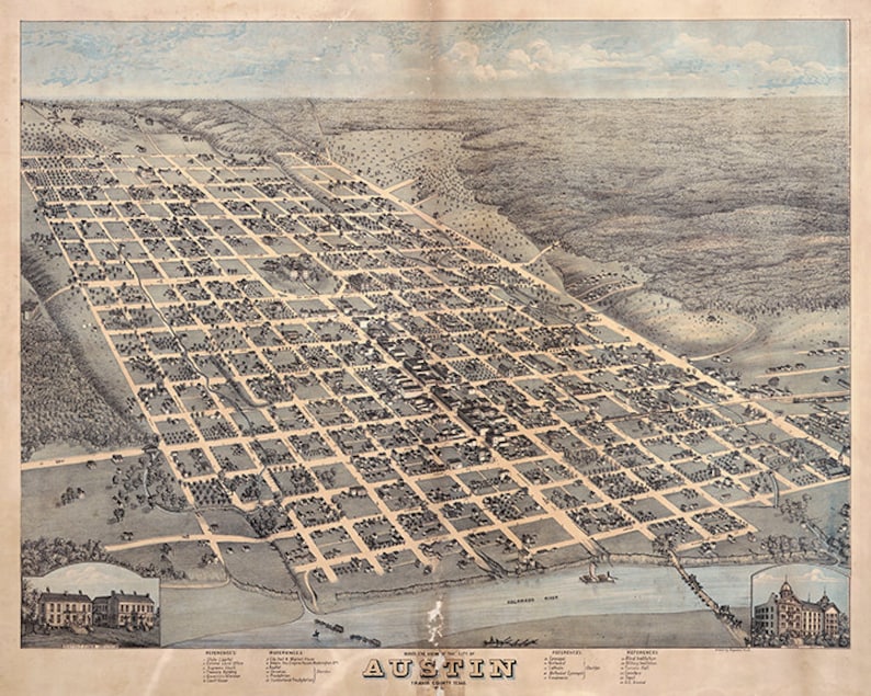 Map of Austin, Travis County, Texas, TX ... 1873s. Vintage Restoration ...