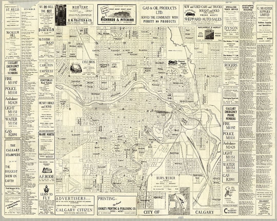 Map of Calgary, Alberta, Canada in 1950. Restoration Hardware Home Deco ...