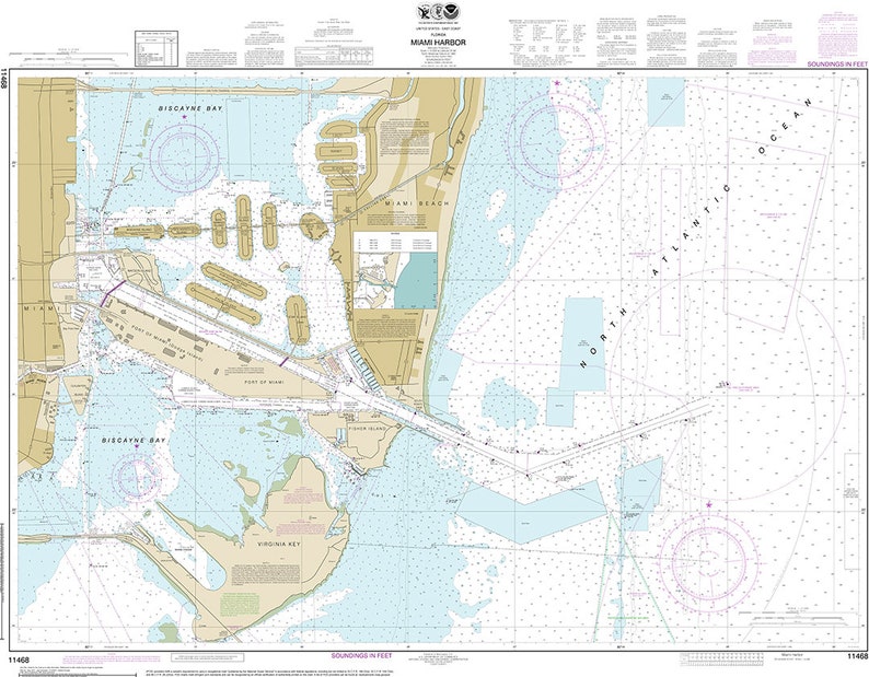 Miami Harbor Map – NOAA Nautical Chart 11468 Reproduction Wall Art ...