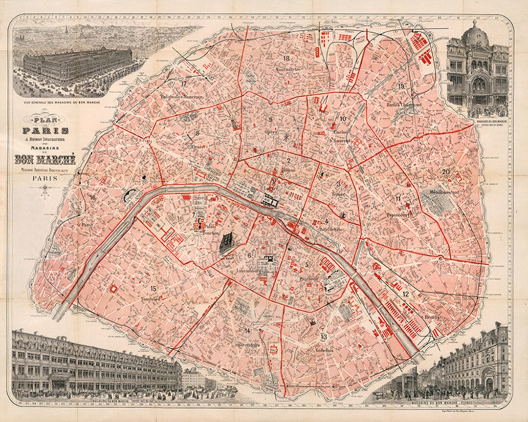 Map of Paris, France, 1892. Restoration Hardware Home Deco Style Old ...