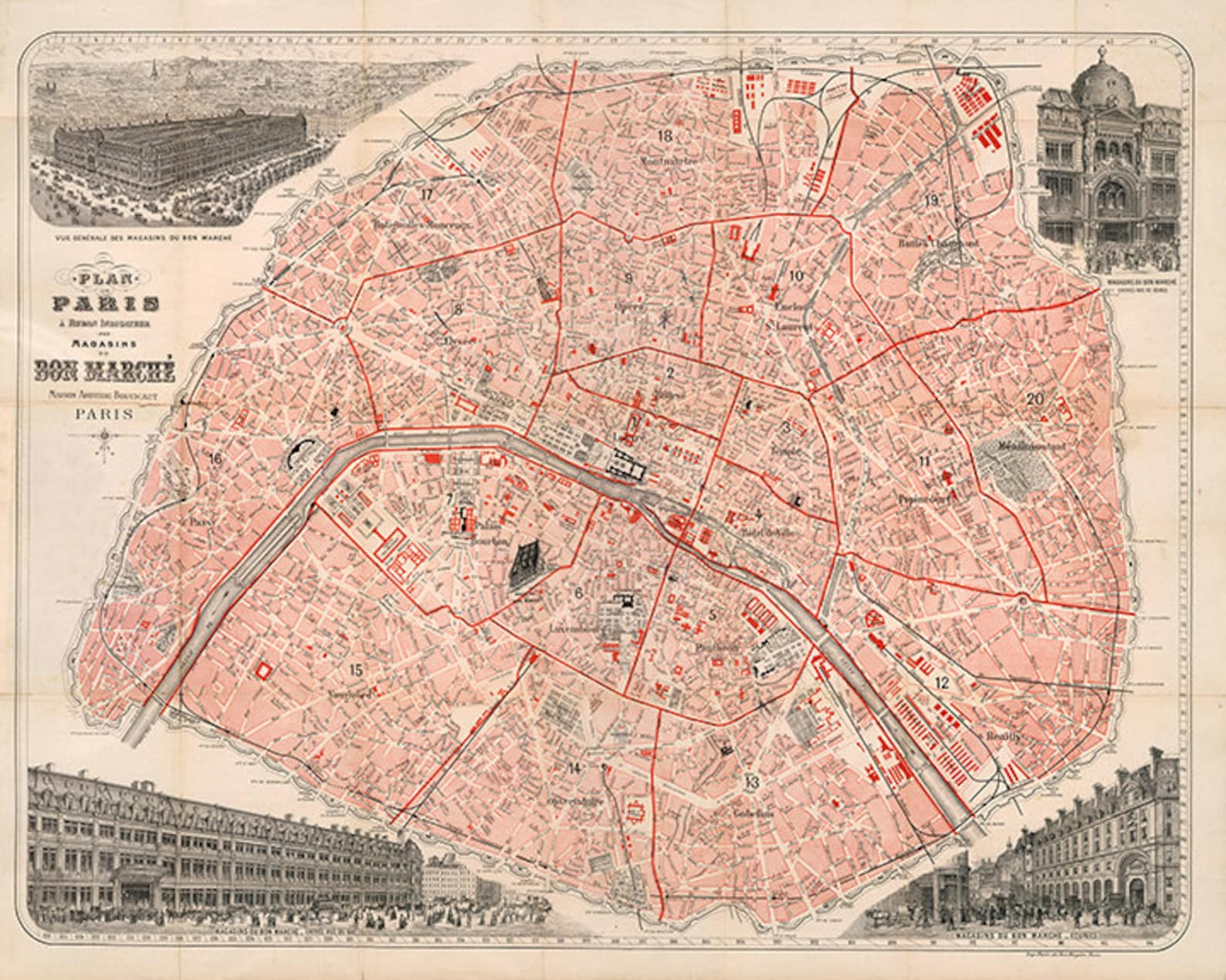 Map of Paris, France, 1892. Restoration Hardware Home Deco Style Old ...