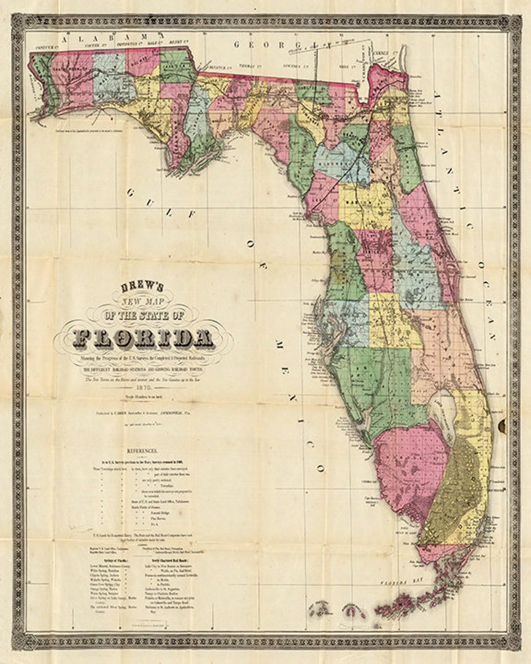 Map of Florida FL, 1870. Restoration Hardware Home Deco Style Old Wall ...