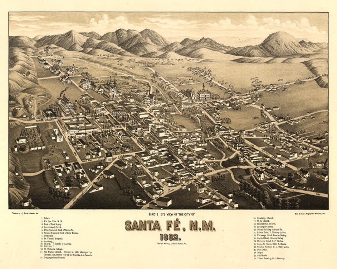 Map of Santa Fe, New Mexico. 1882. Vintage Home Deco Style Old Wall ...