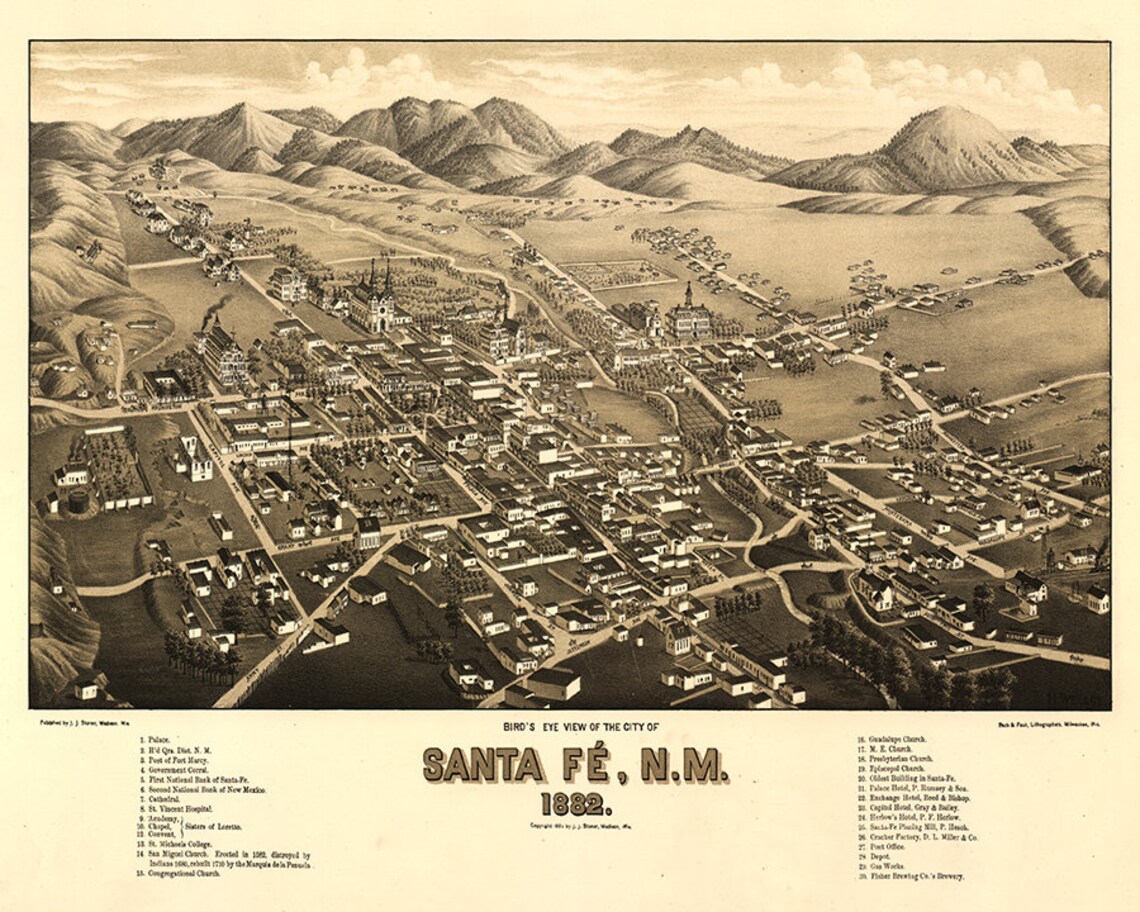 Map of Santa Fe New Mexico. 1882. Vintage Home Deco Style Old | Etsy
