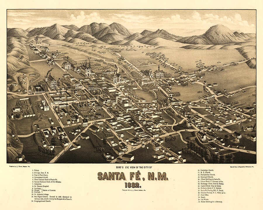 Map of Santa Fe New Mexico. 1882. Vintage Home Deco Style Old - Etsy