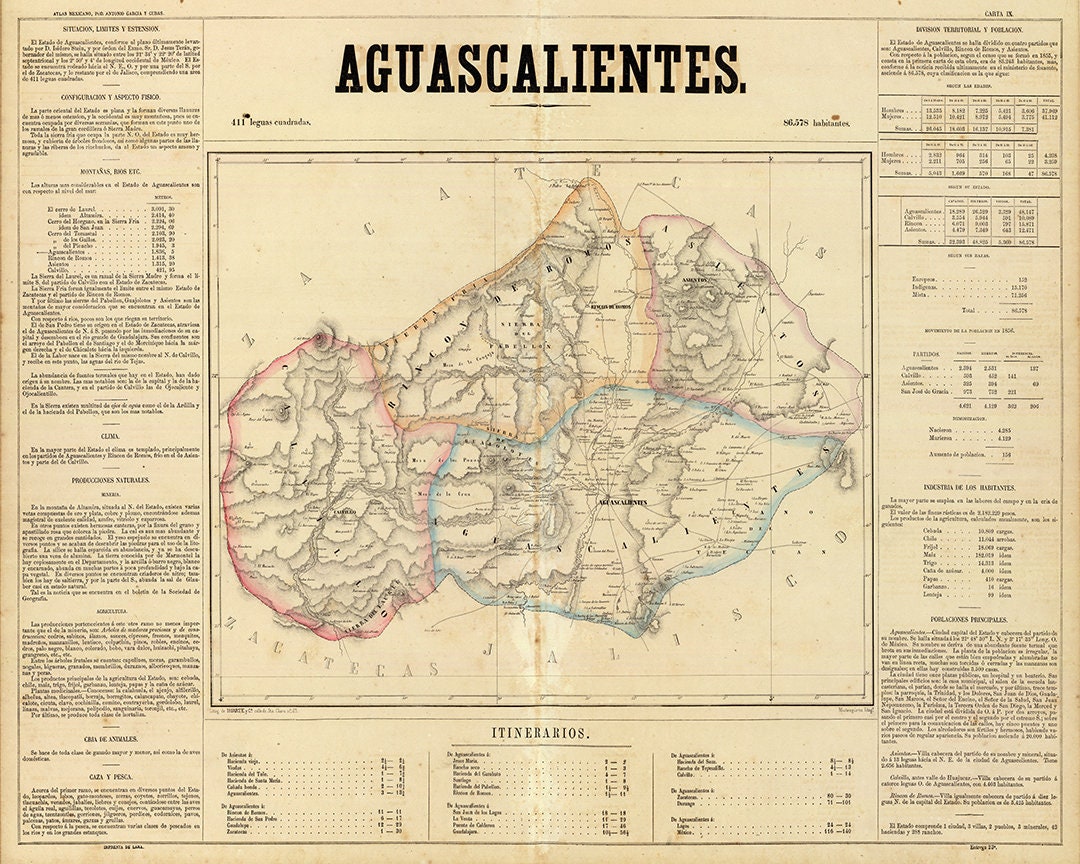 Mapa de Aguascalientes México 1858. Vintage home Deco Style - Etsy México