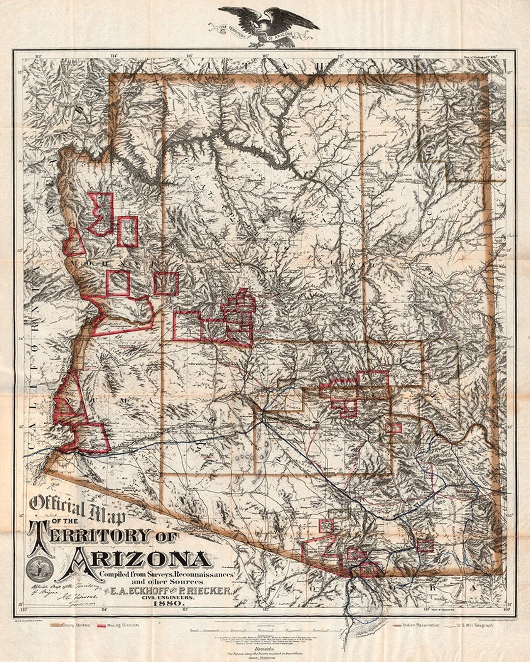 Map of Territory of Arizona, 1883. Vintage Home Deco Style Old Wall ...