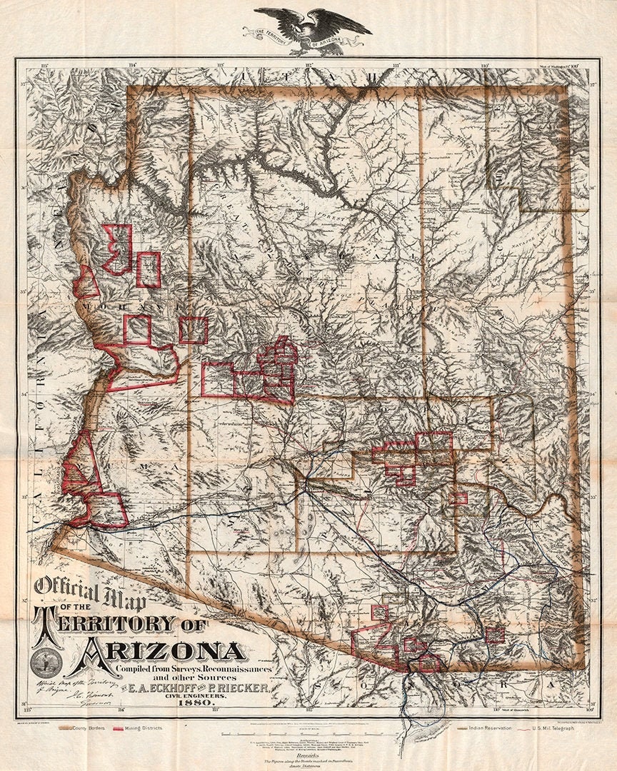 Map of Territory of Arizona 1883. Vintage home Deco Style | Etsy