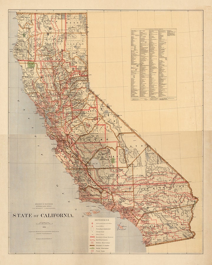 Map of California, 1876. Vintage Restoration Hardware Home Deco Style ...