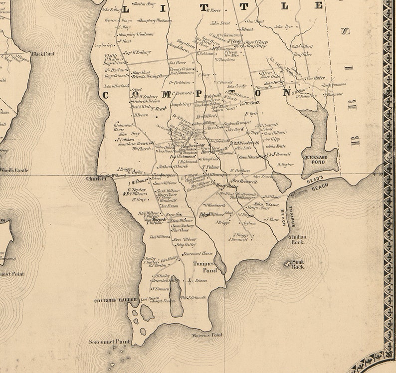 Map of Newport County, Rhode Island RI, 1850. Vintage Restoration ...