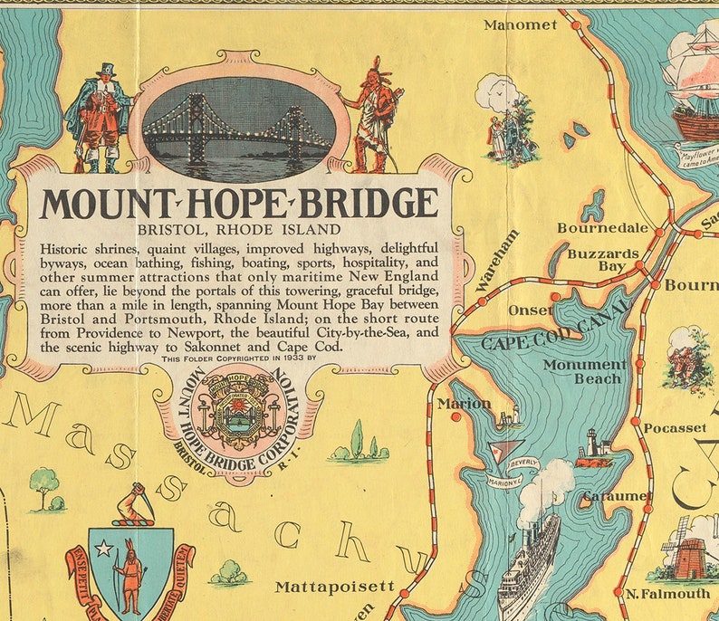Map of Mount Hope Bridge Bristol Rhode Island R.I. Vintage | Etsy