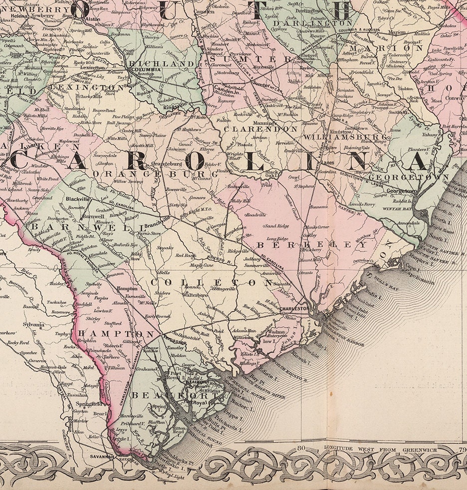 Map of North and South Carolina SC NC 1886. Restoration | Etsy