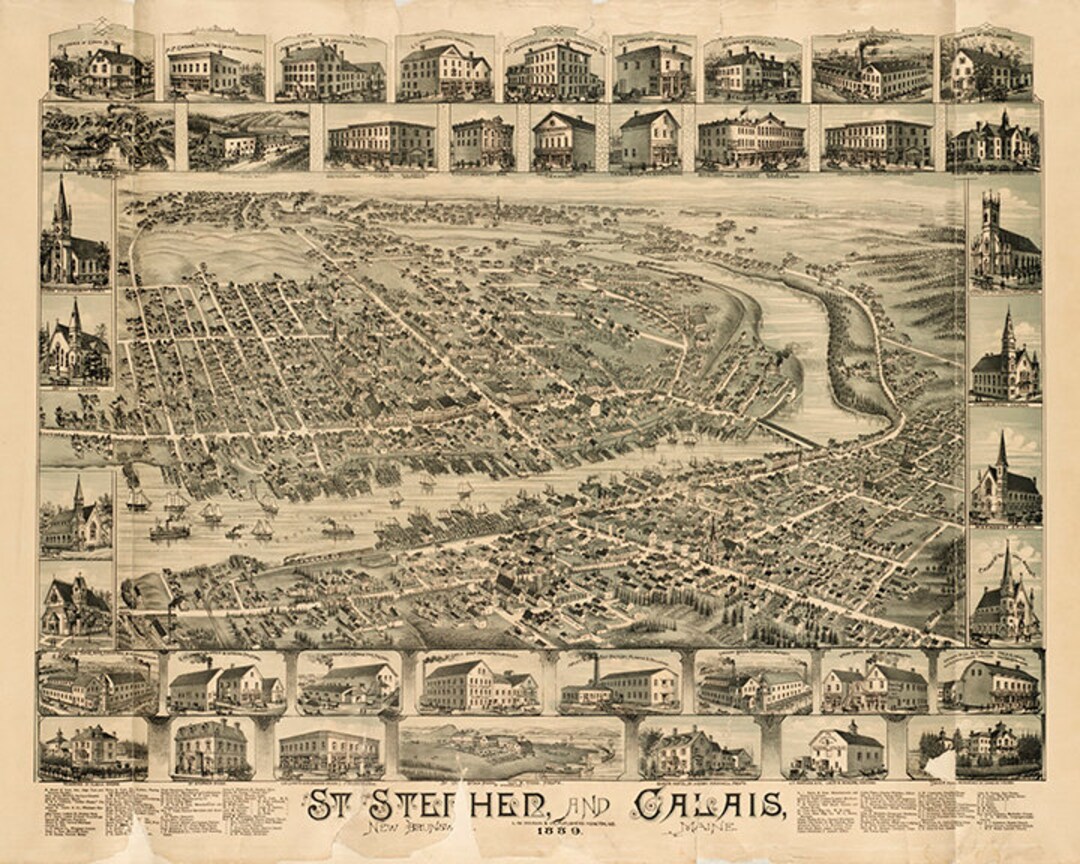 Map of St. Stephen, New Brunswick and Calais, Maine 1889. Restoration ...