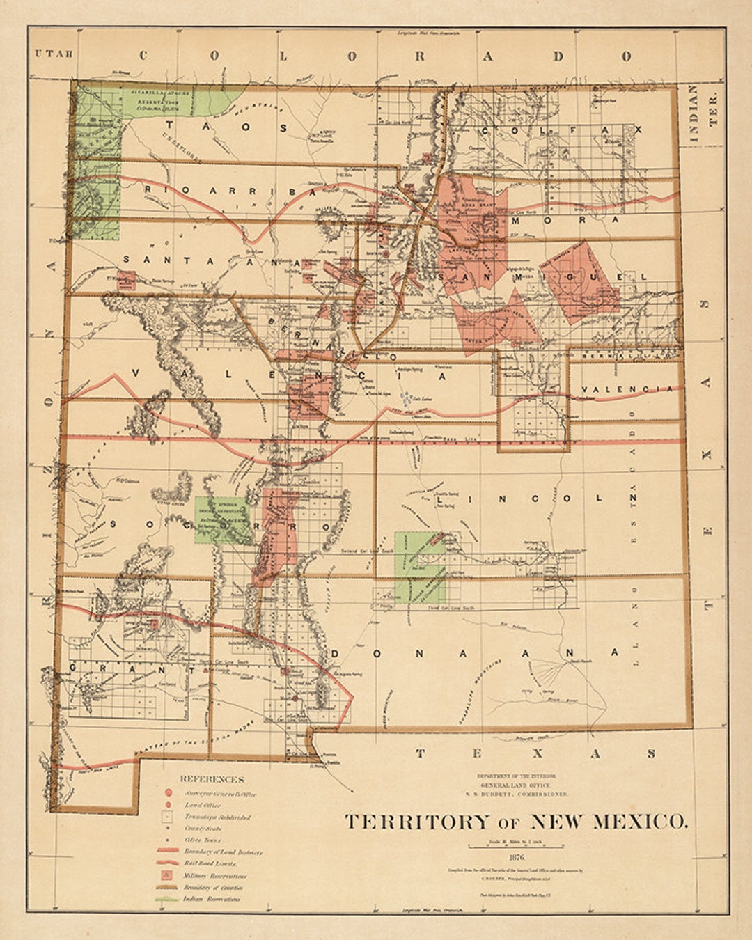 Map of Territory of New Mexico, 1876. Vintage Home Deco Style ...