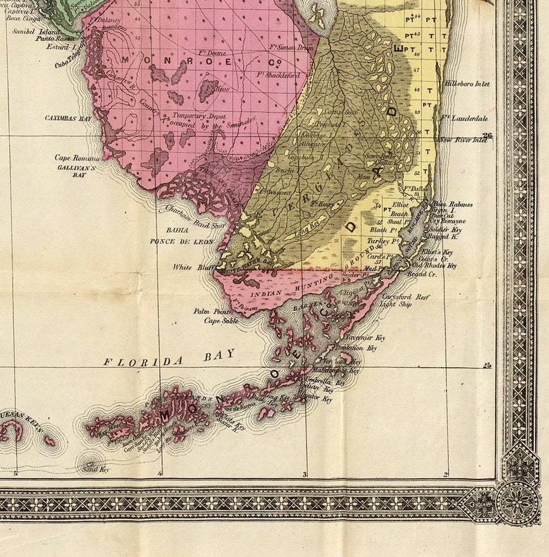 Map of Florida FL, 1870. Restoration Hardware Home Deco Style Old Wall ...